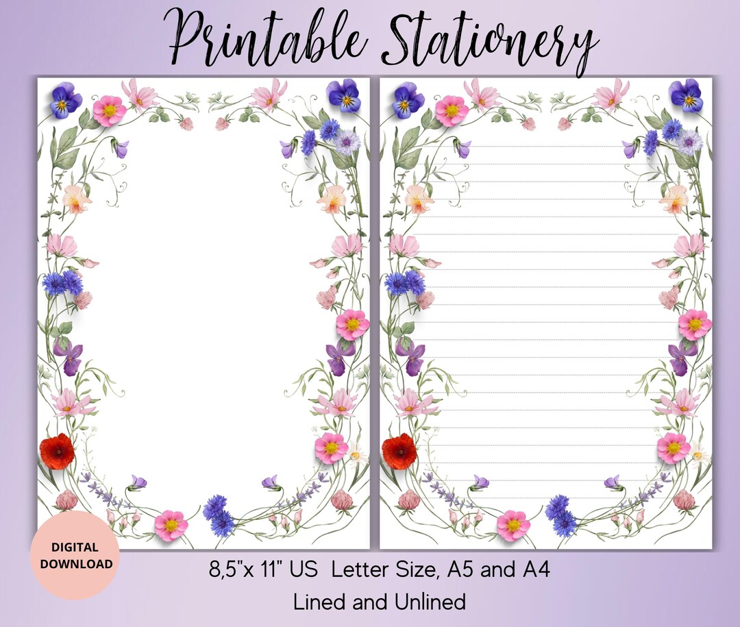 Wildflower Printable Stationery Set-flower Writing Paper Unlined Lined ...