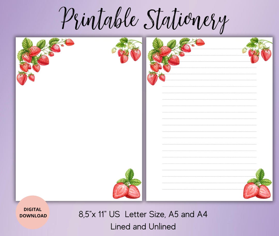 Strawberry Stationary,fruit Stationery,digital Download,writing Paper Designs,a4,a5 and 8.5x11us ...