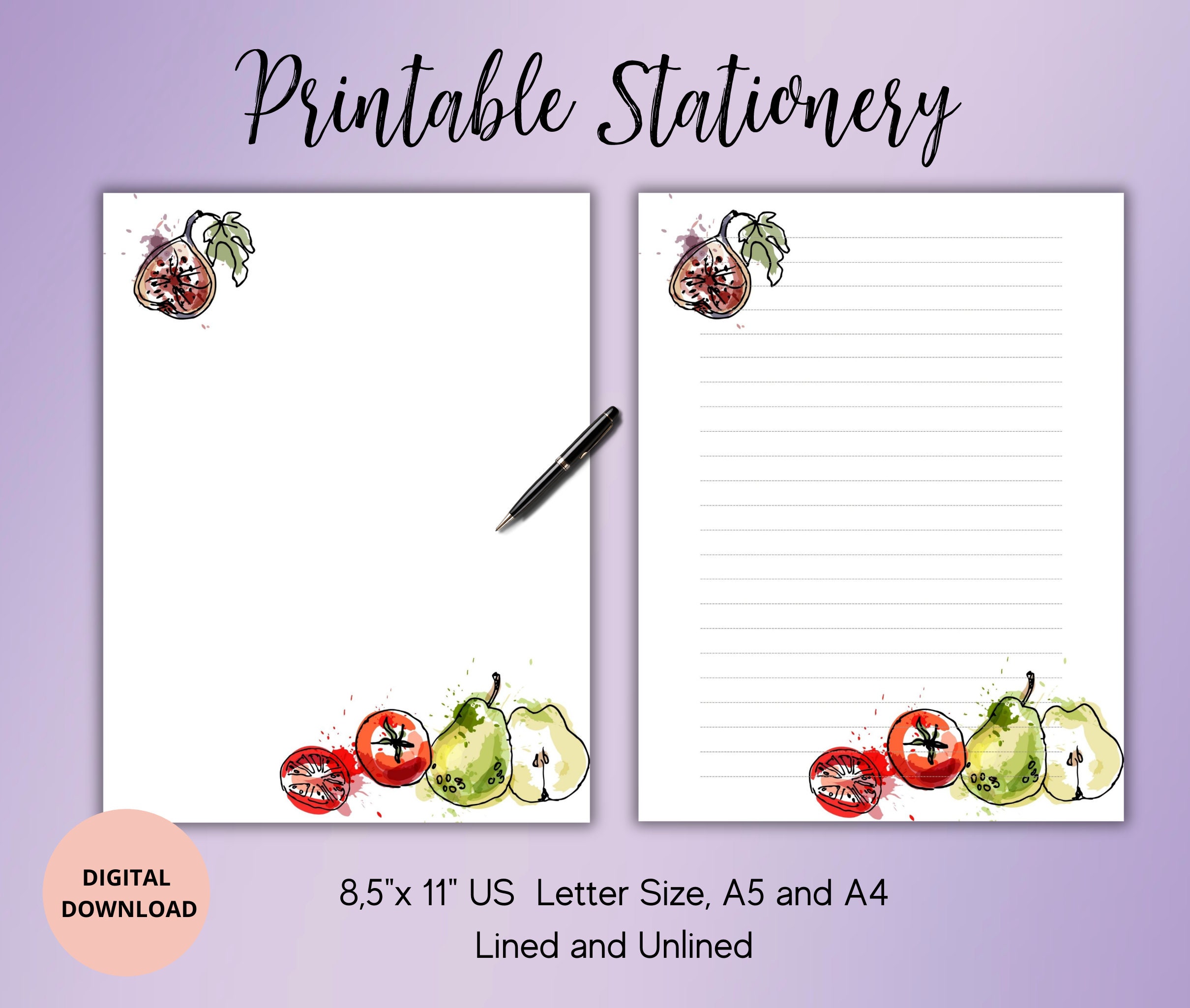 Vegetable Printable Stationary,fruit Writing Paper,watercolor Digital ...