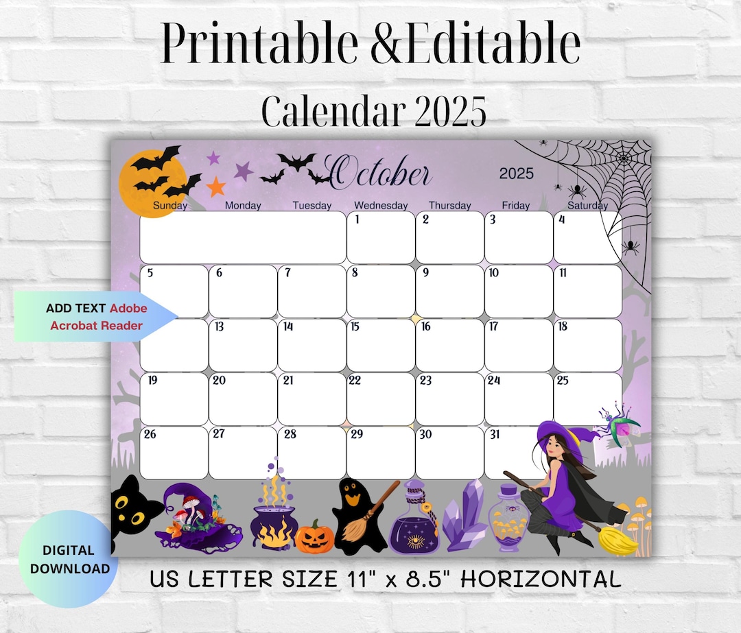 Buy EDITABLE October 2025 Calendar-cute Spooky Witch Halloween 2025 ...