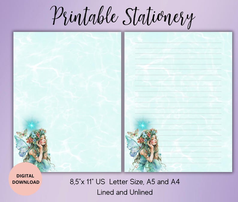 Fairy and Butterflies Writing Paper Set Lined Unlined A4/A5/US Letter ...