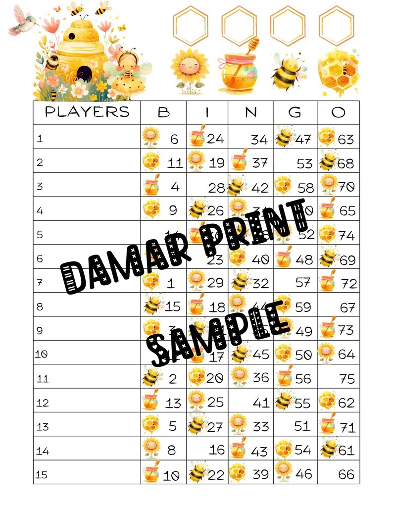 Bee Honey Bingo Boards Printable-bingo Boards 1-15 Lines -summer Bingo ...