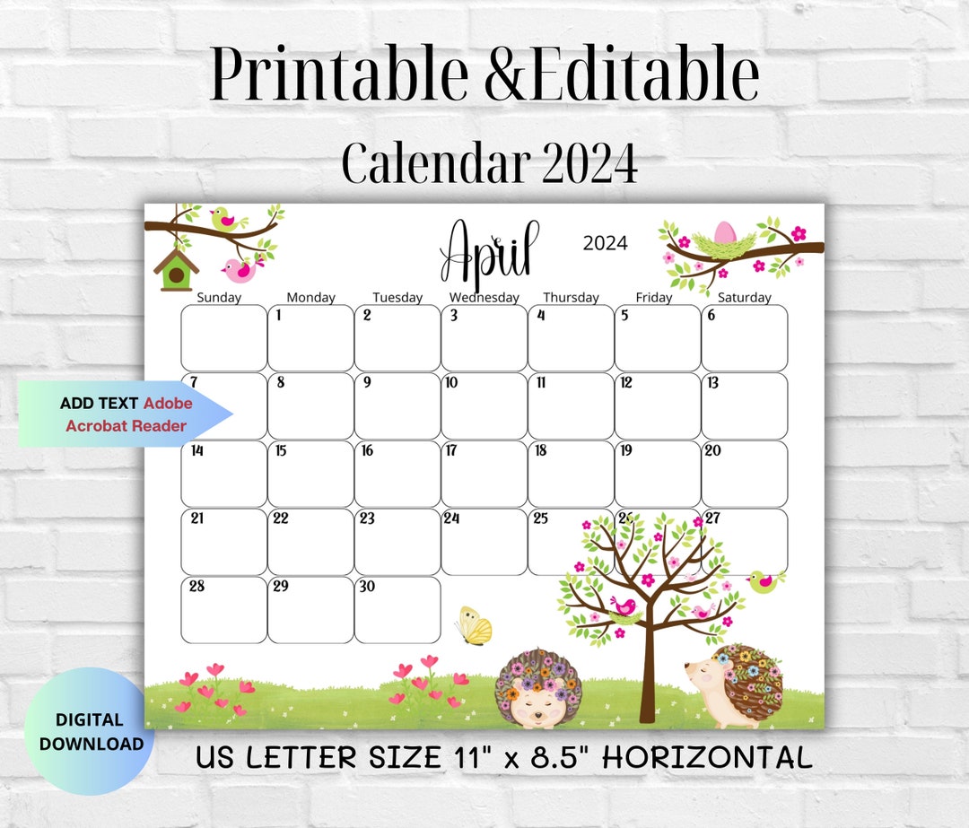 April Editable Printable Calendar 2024-spring Monthly Planner-classroom ...