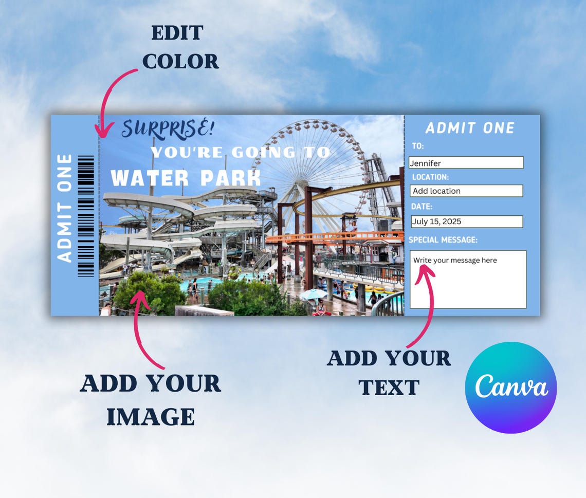 Editable Water Park Surprise Ticket-water Park Gift Certificate ...