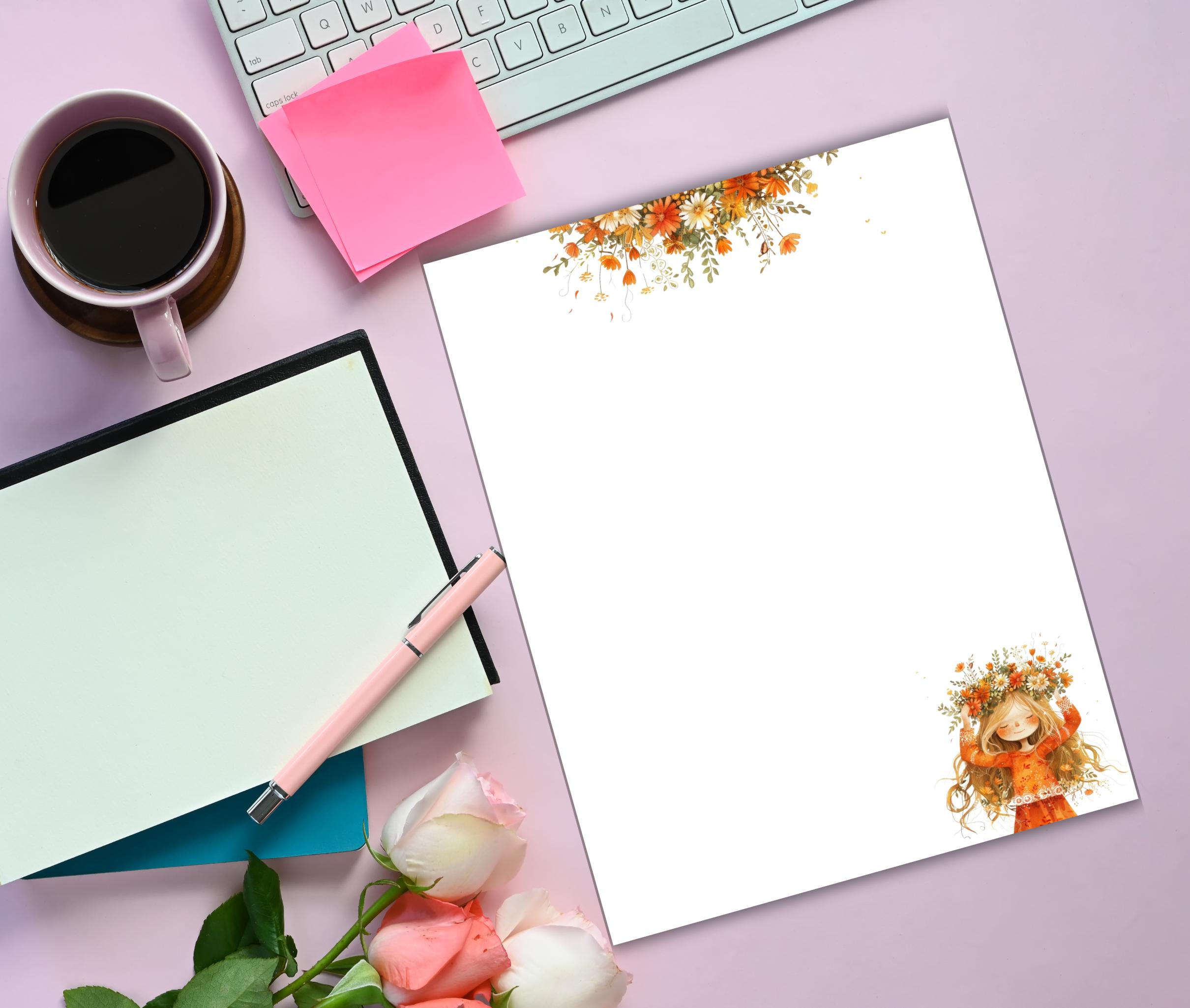 Girl With Flower Printable Stationery-cure Girl Writing Paper Set ...