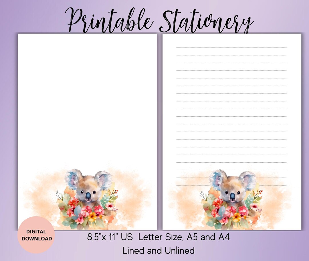 Koala Printable Stationery-cute Stationary-kids Writing Paper Set Lined ...