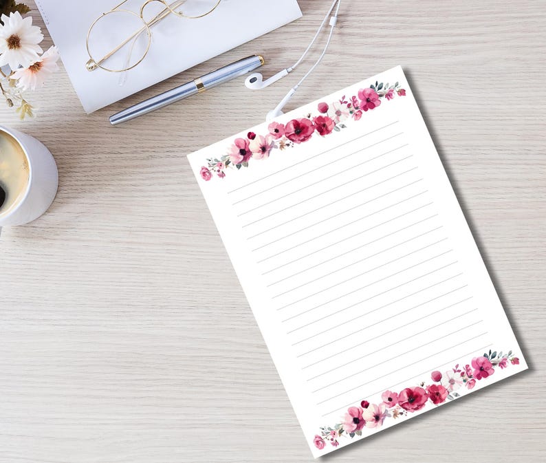 Flower Printable Stationery-watercolor Flower Stationary-digital ...