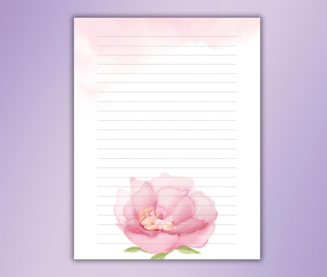 Baby Girl Printable Stationery,floral Stationary,watercolor Rose ...