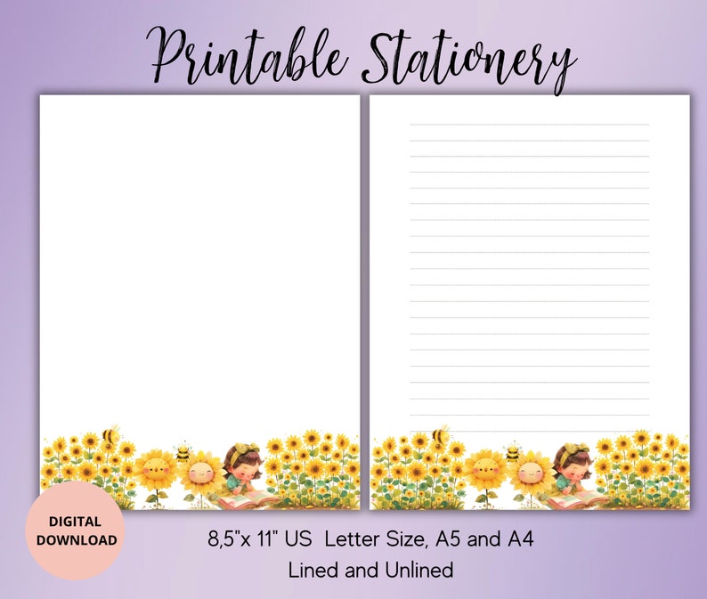 Girl With Sunflowers Printable Stationery Set A4/A5/US Letter Lined Unlined-sunflower Writing ...