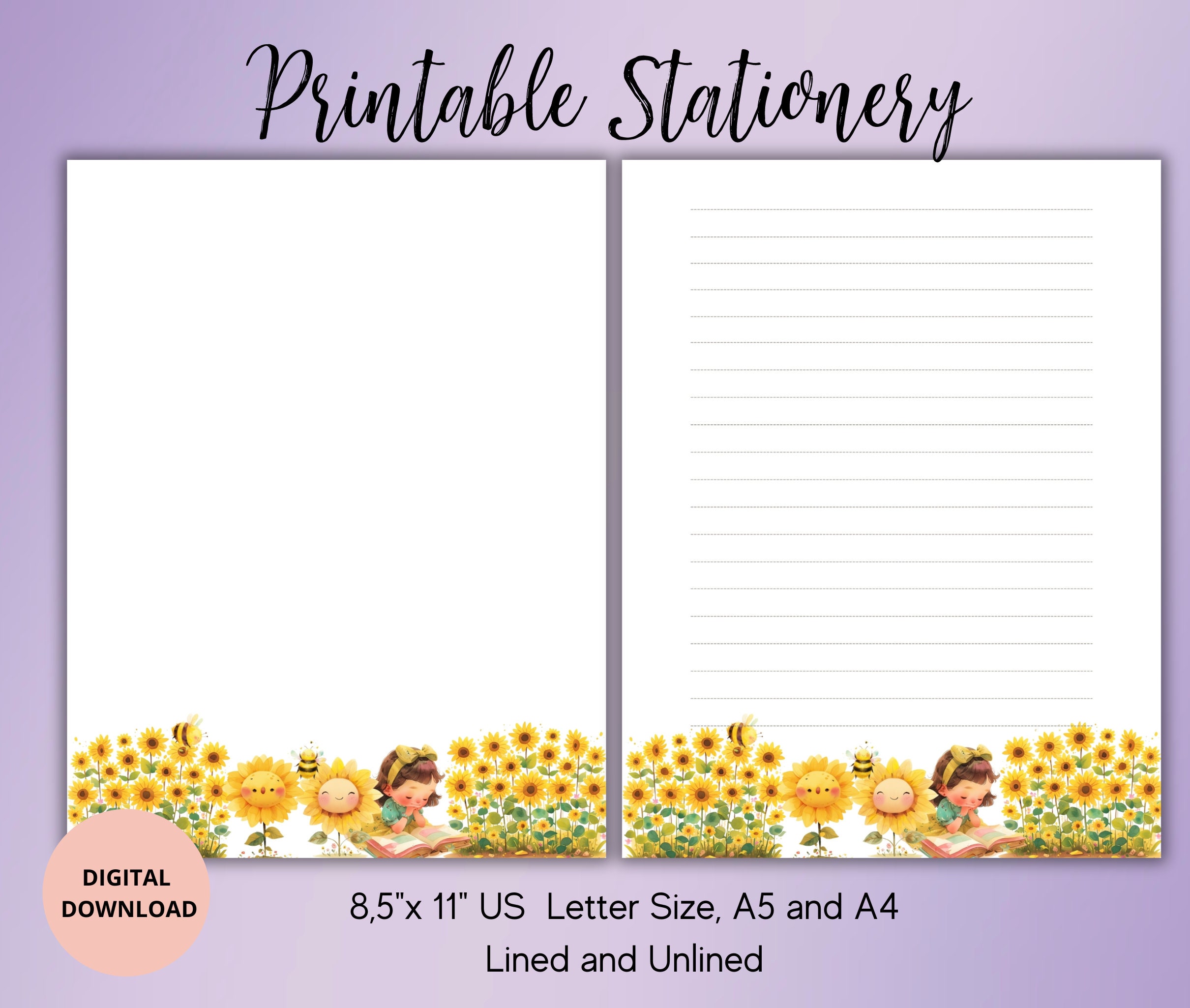 Girl With Sunflowers Printable Stationery Set A4/A5/US Letter Lined ...