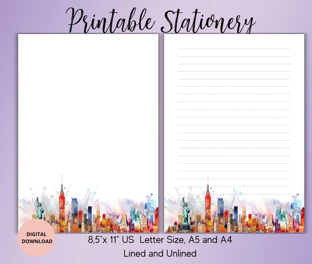 New York Printable Stationery-colorful City Writing Paper Unlined Lined ...