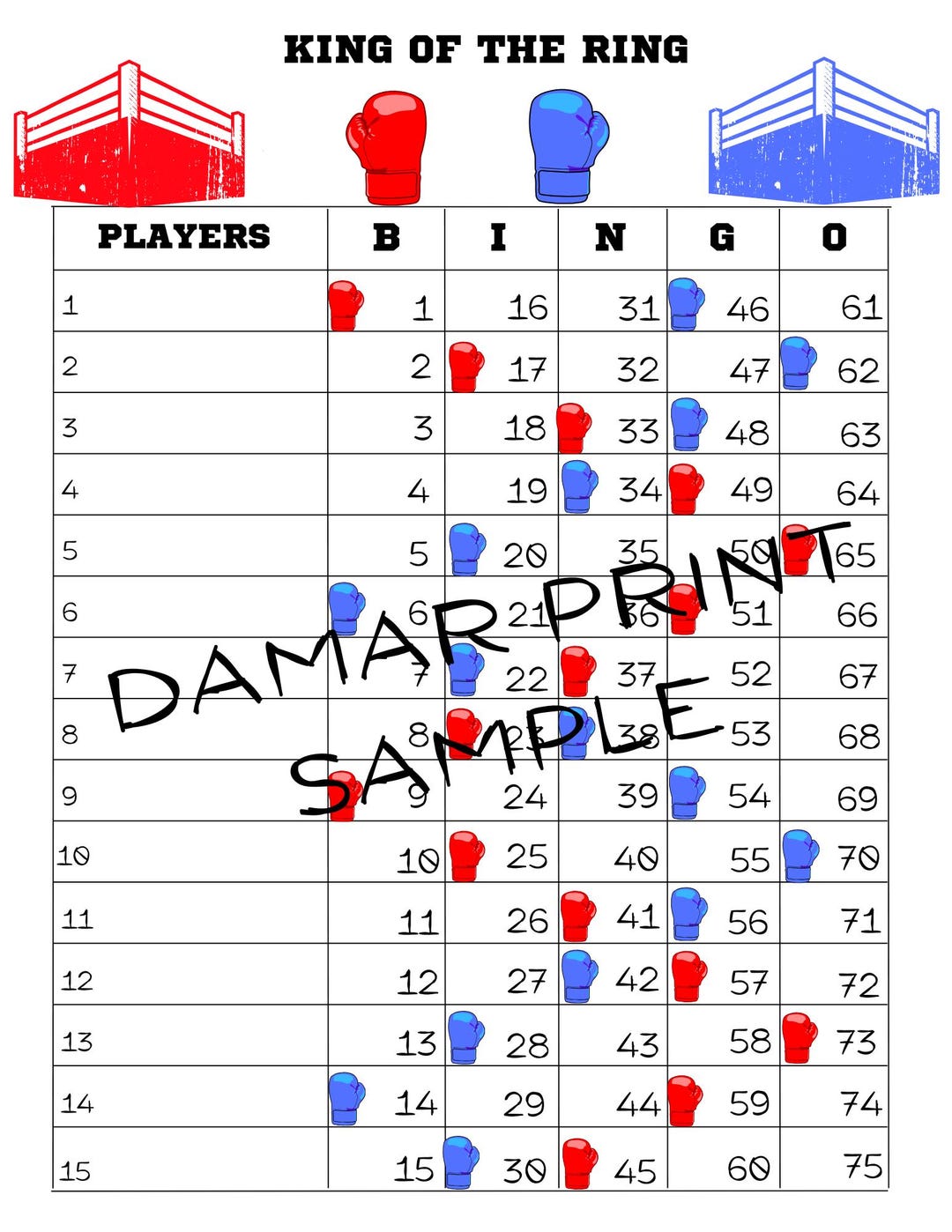 King of the Ring Printable Bingo Boards-instant Download -boxing Bingo ...