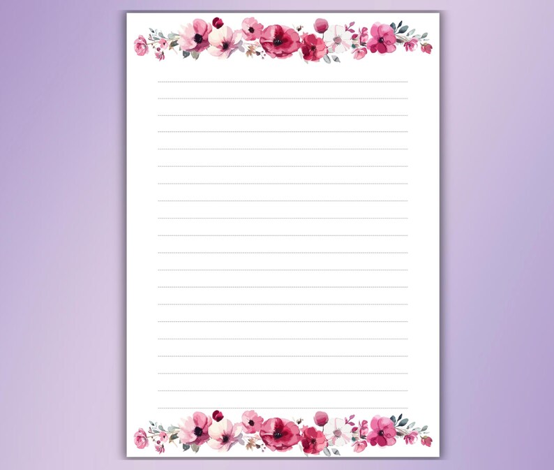 Flower Printable Stationery-watercolor Flower Stationary-digital ...