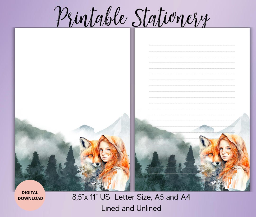 Printable Stationary Girl With Fox Watercolor Trees Printable ...