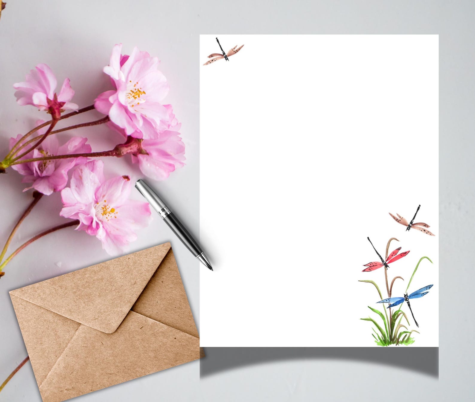 Dragonfly Printable Stationery Cute Notepaper-floral Printable ...