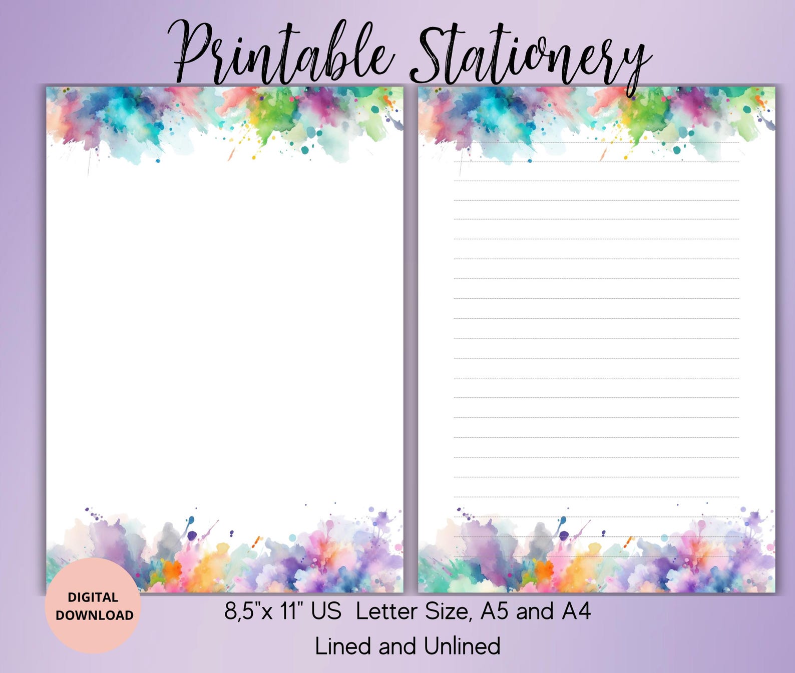 Watercolor Printable Stationery Set-watercolor Printable Writing Paper ...