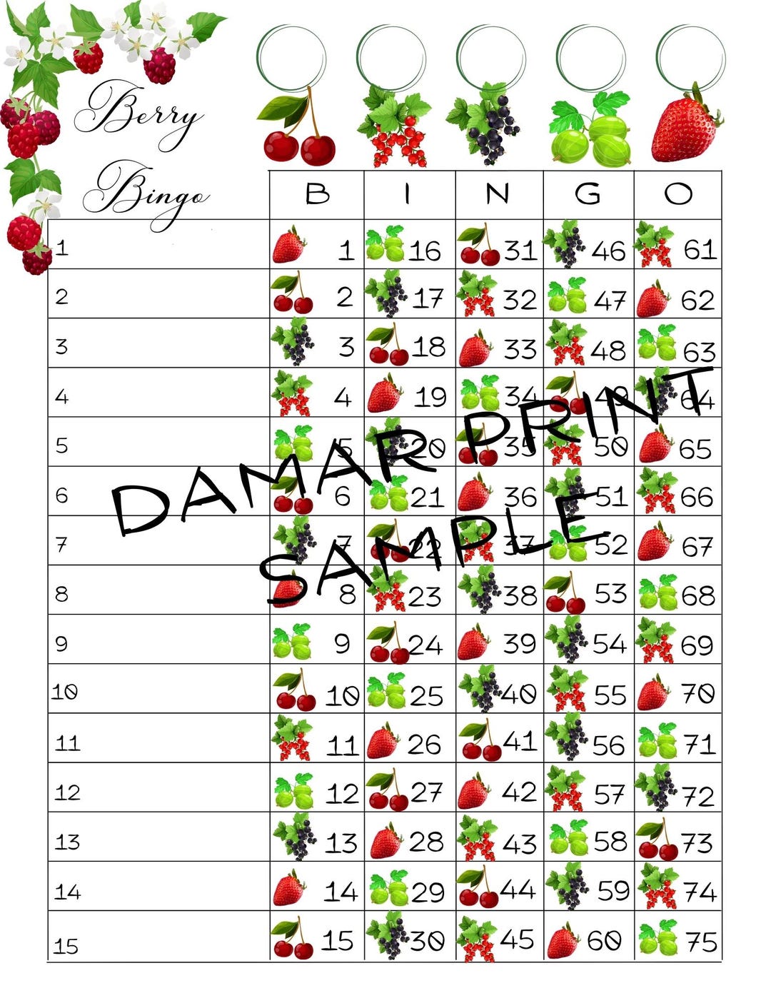 Berry Bingo Boards - Instant Download -printable Bingo Boards - 1-15 ...