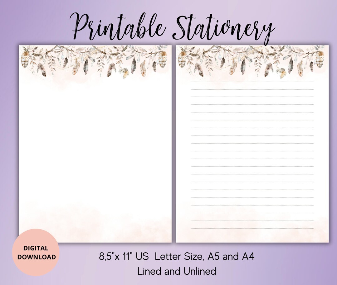 Watercolor Boho Feathers Printable Stationery -watercolor Writing Paper ...