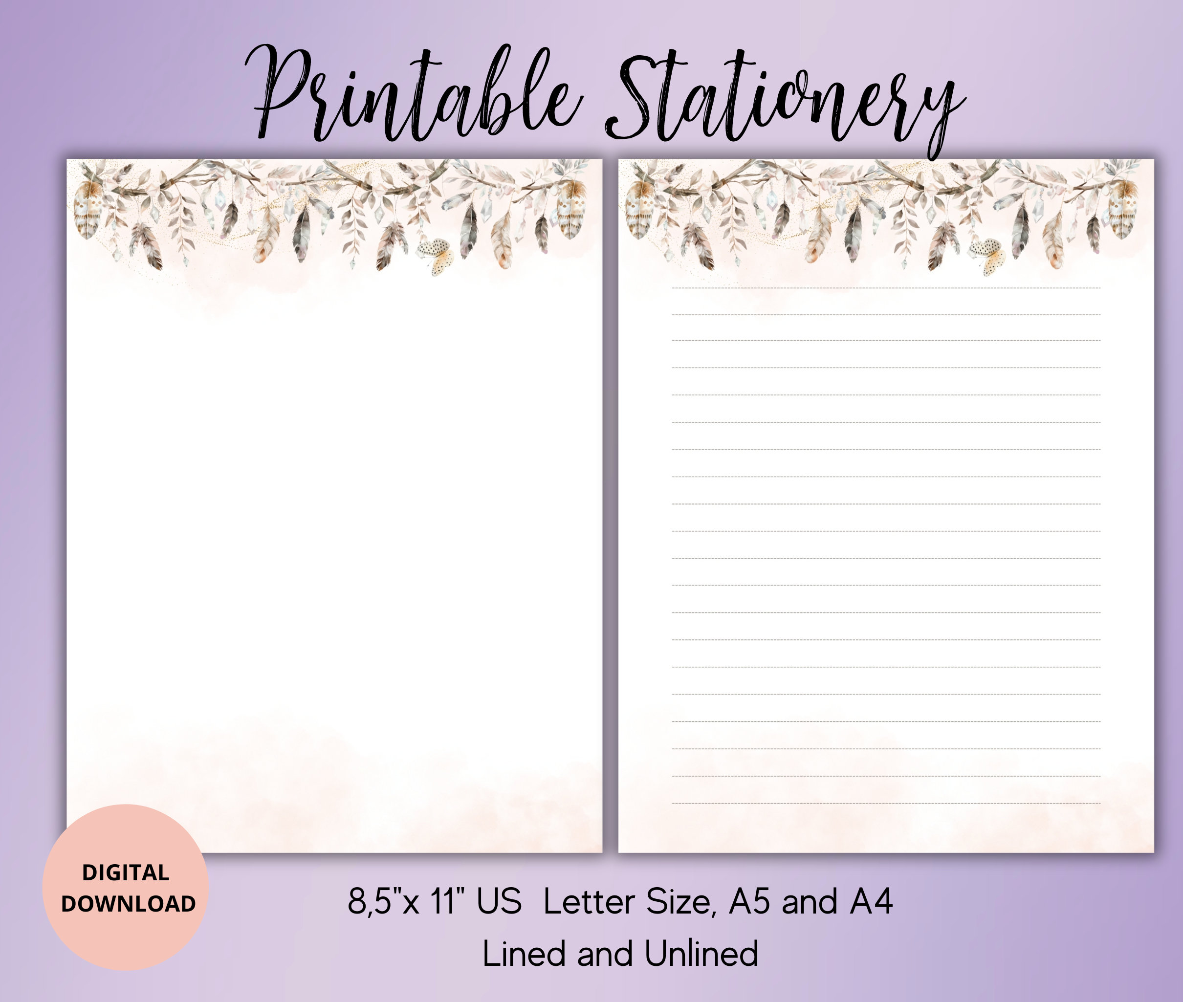 Watercolor Boho Feathers Printable Stationery -watercolor Writing Paper ...