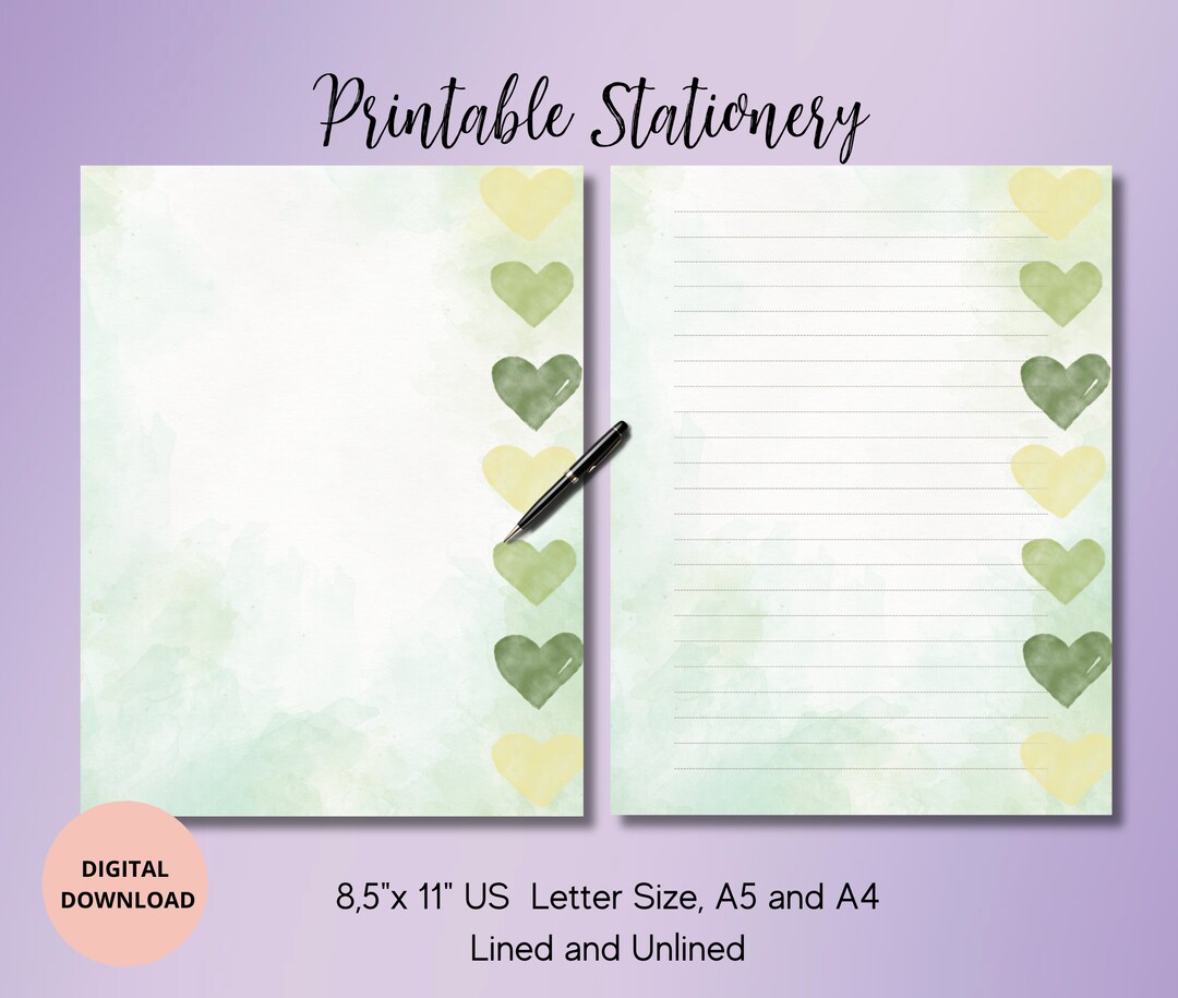 Heart Printable Stationery,watercolor Stationary,digital Download ...