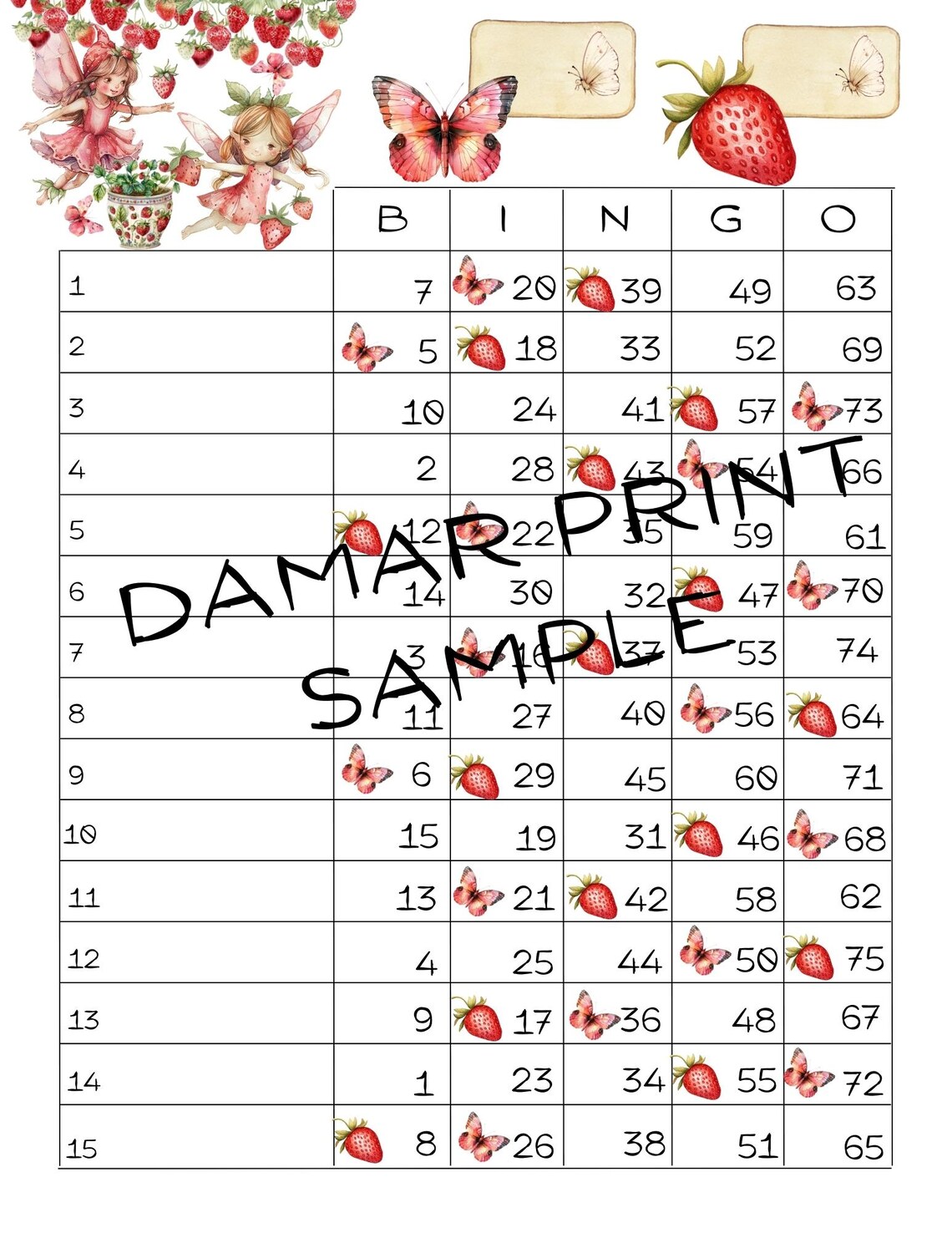 Strawberry Fairy Printable Bingo Boards 1-15 Lines-instant Download ...