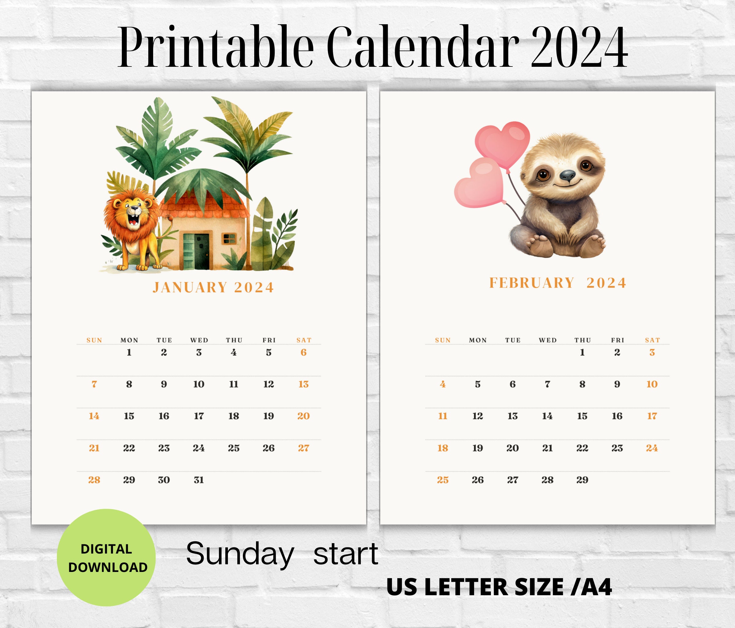 Safari Animal Printable 2024 Calendar-cute Kids School Homeschool ...