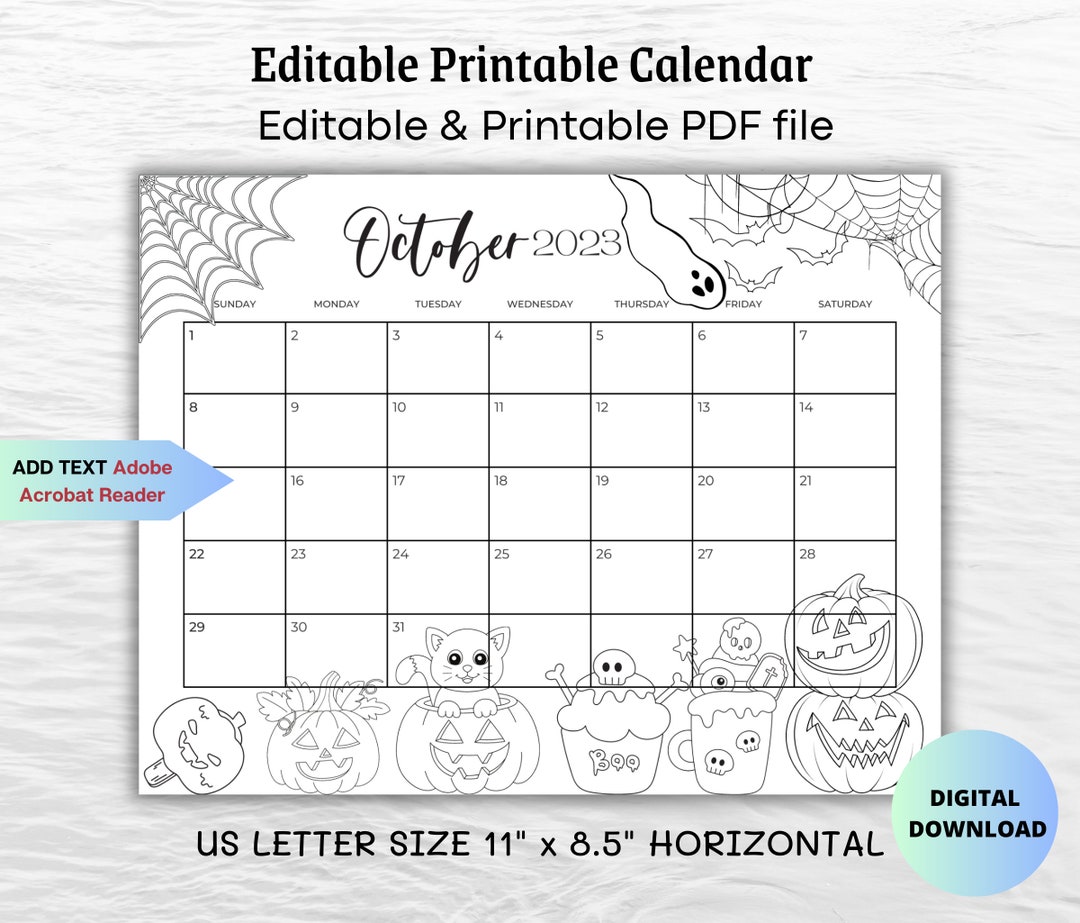 Editable October 2023 Calendarcoloring Printable - Etsy Australia