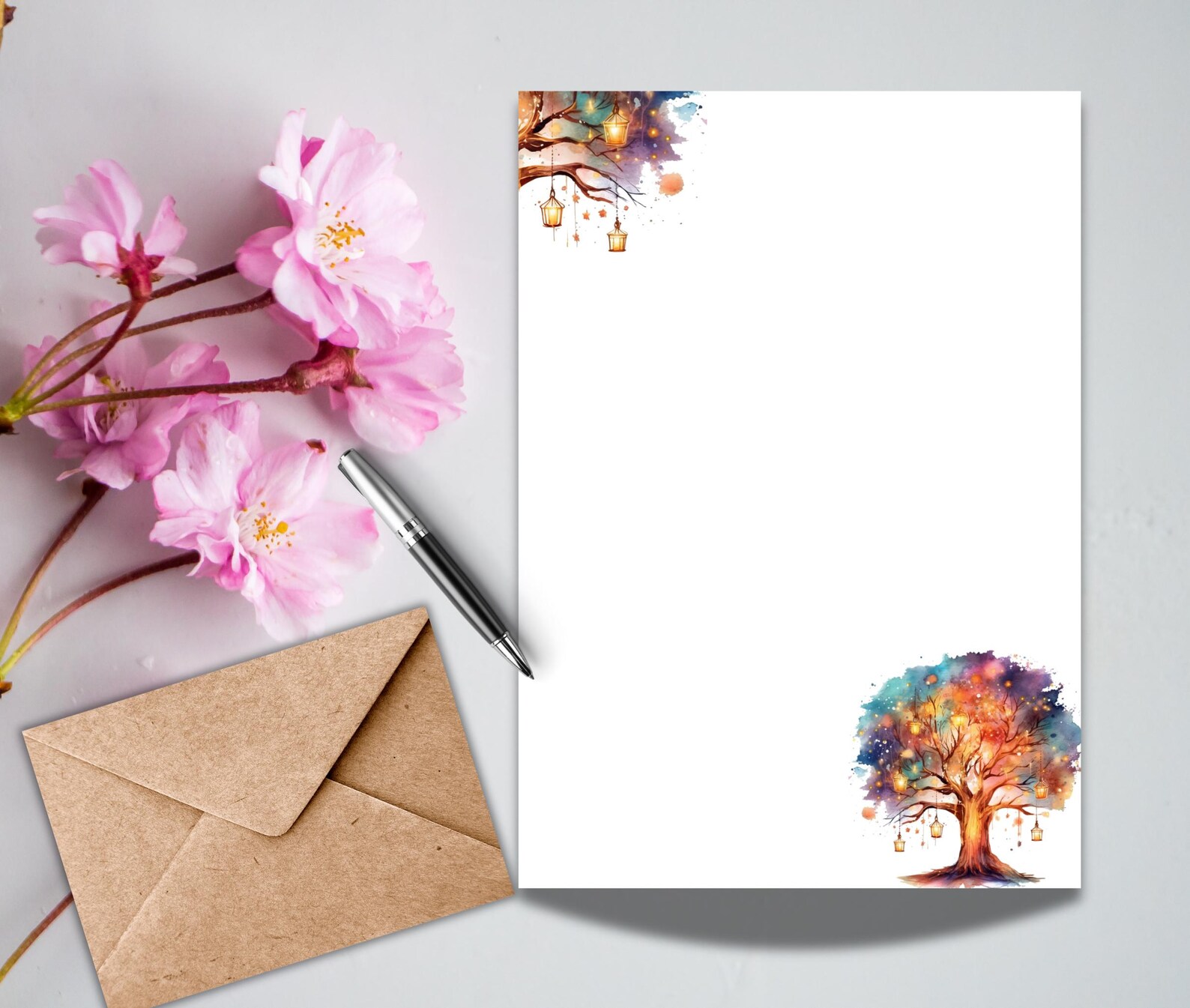 Autumn Tree Printable Stationary-watercolor Tree Digital Letter-tree ...