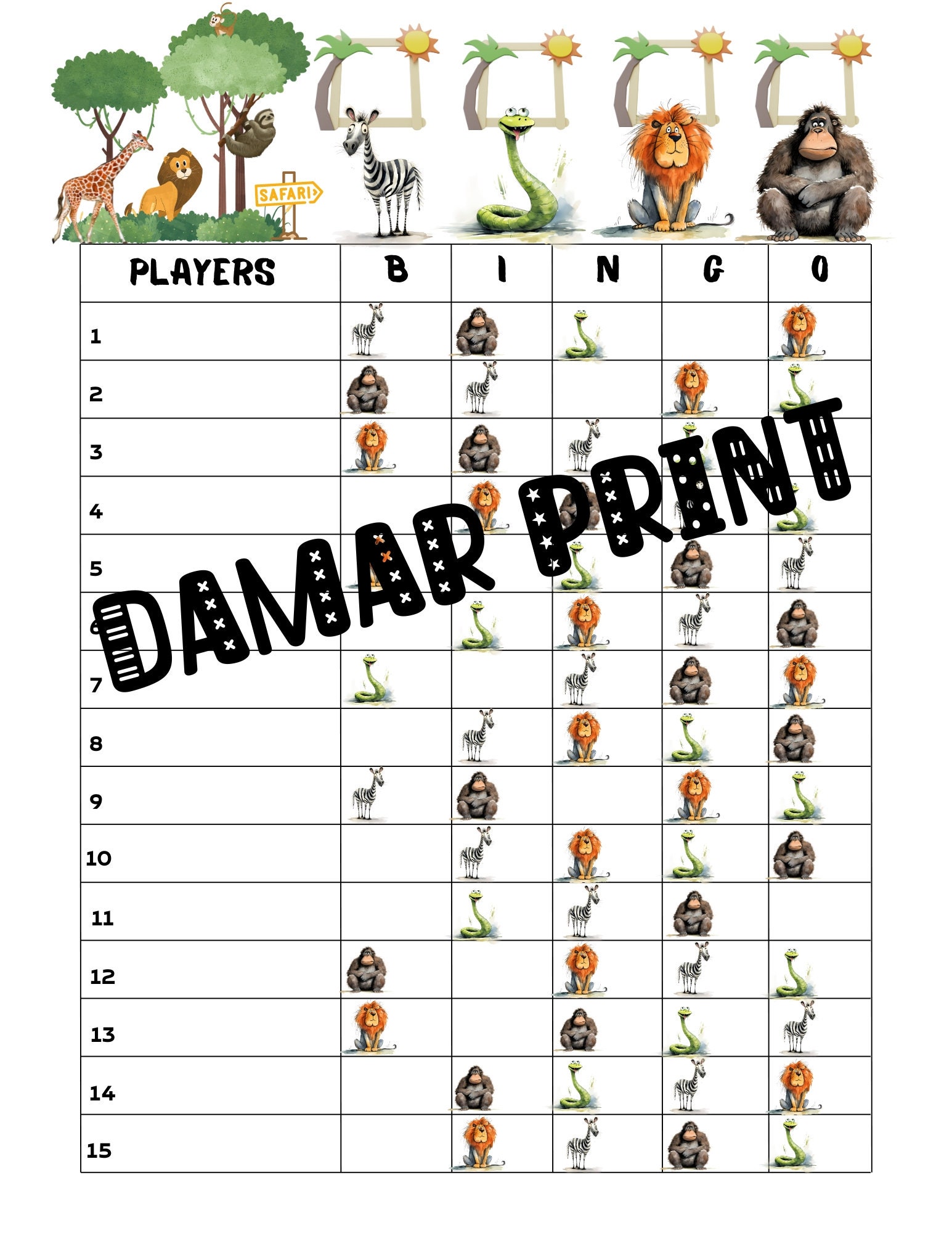 Safari Animal Bingo Boards- Printable-bingo Boards 1-15 Lines -school ...