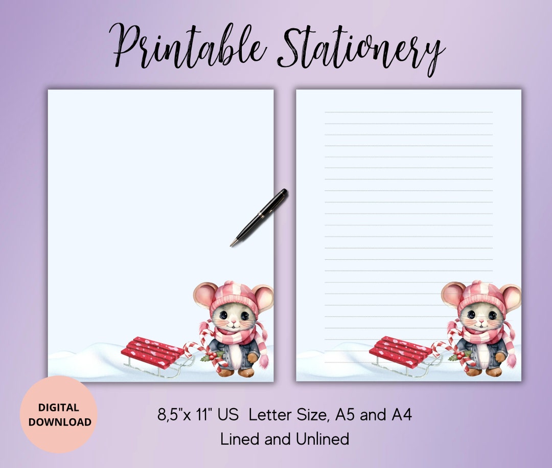 Cute Mouse Printable Stationery-winter Writing Paper Set Lined Unlined ...