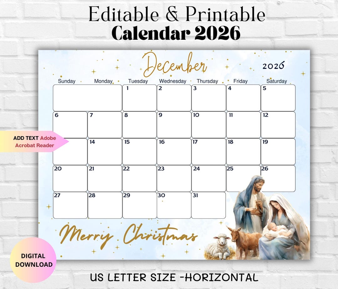 EDITABLE December 2026 Calendar Christian Christmas-nativity Religious ...