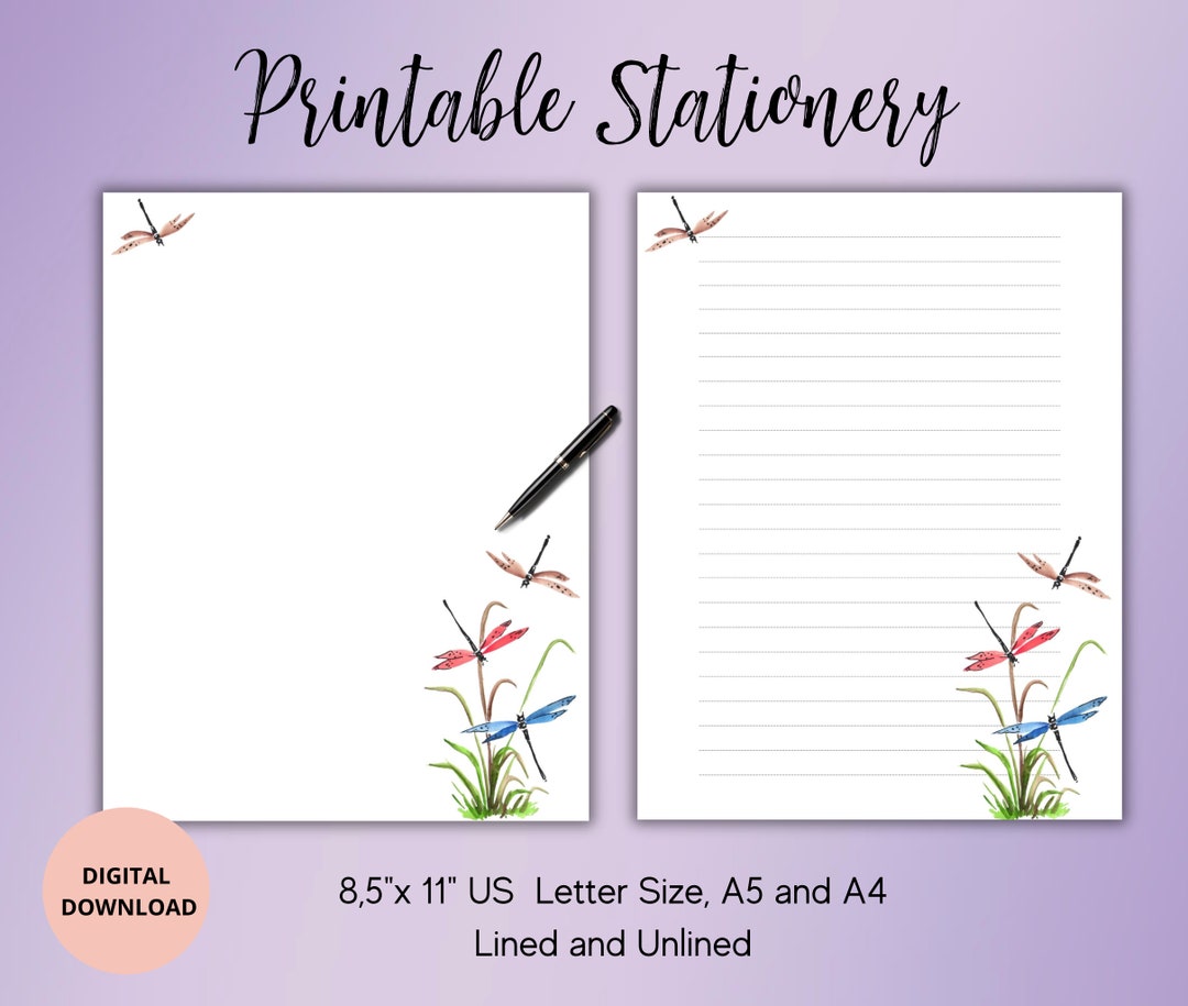 Dragonfly Printable Stationery Cute Notepaper-floral Printable ...
