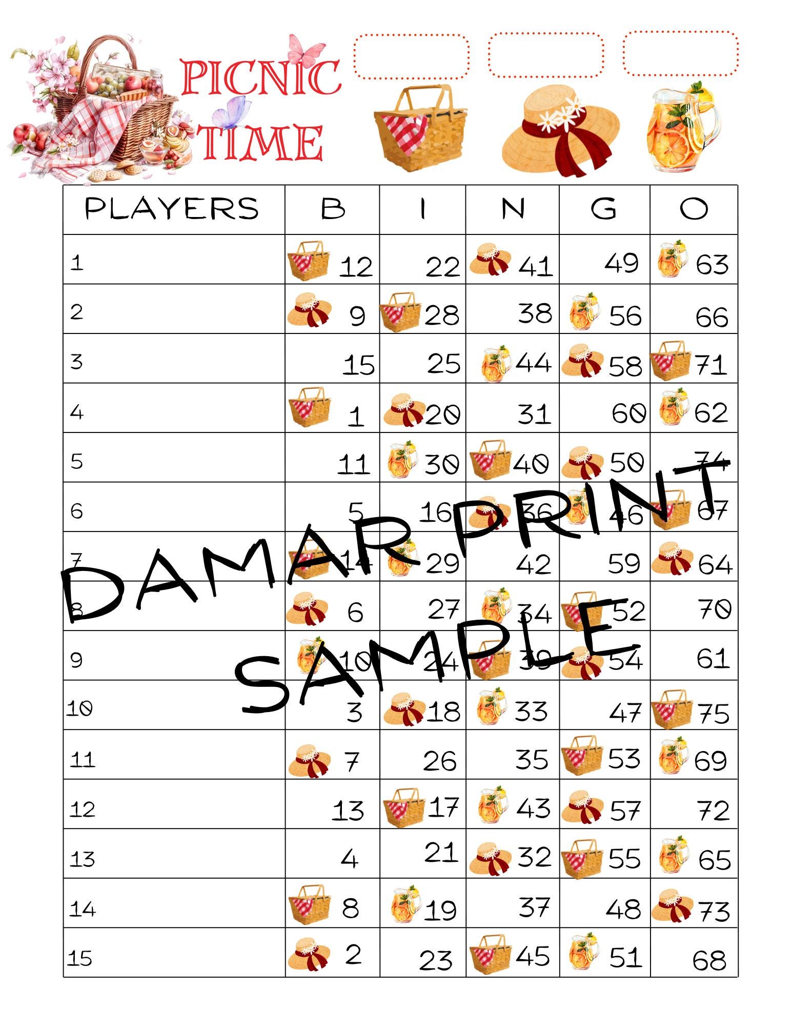 Printable Picnic Bingo Boards Set - 1-15 Lines, Straight, Mixed - 75 ...