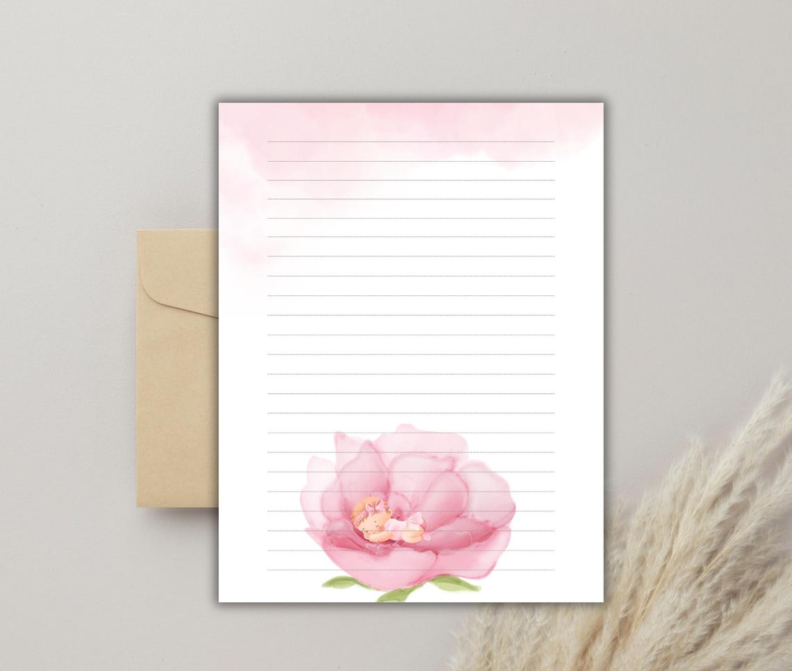 Baby Girl Printable Stationery,floral Stationary,watercolor Rose ...