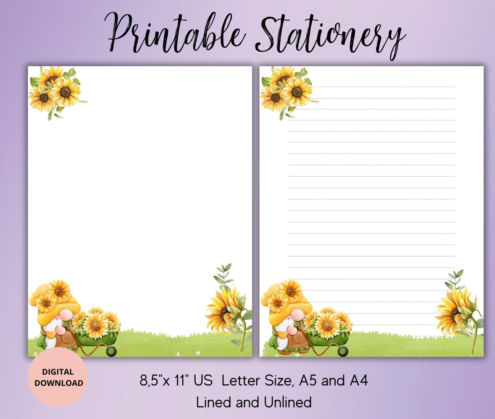 Sunflower Gnome Printable Stationary-digital Download Printable Writing ...