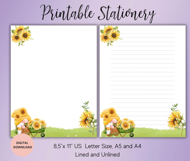 Sunflower Gnome Printable Stationary-digital Download Printable Writing ...