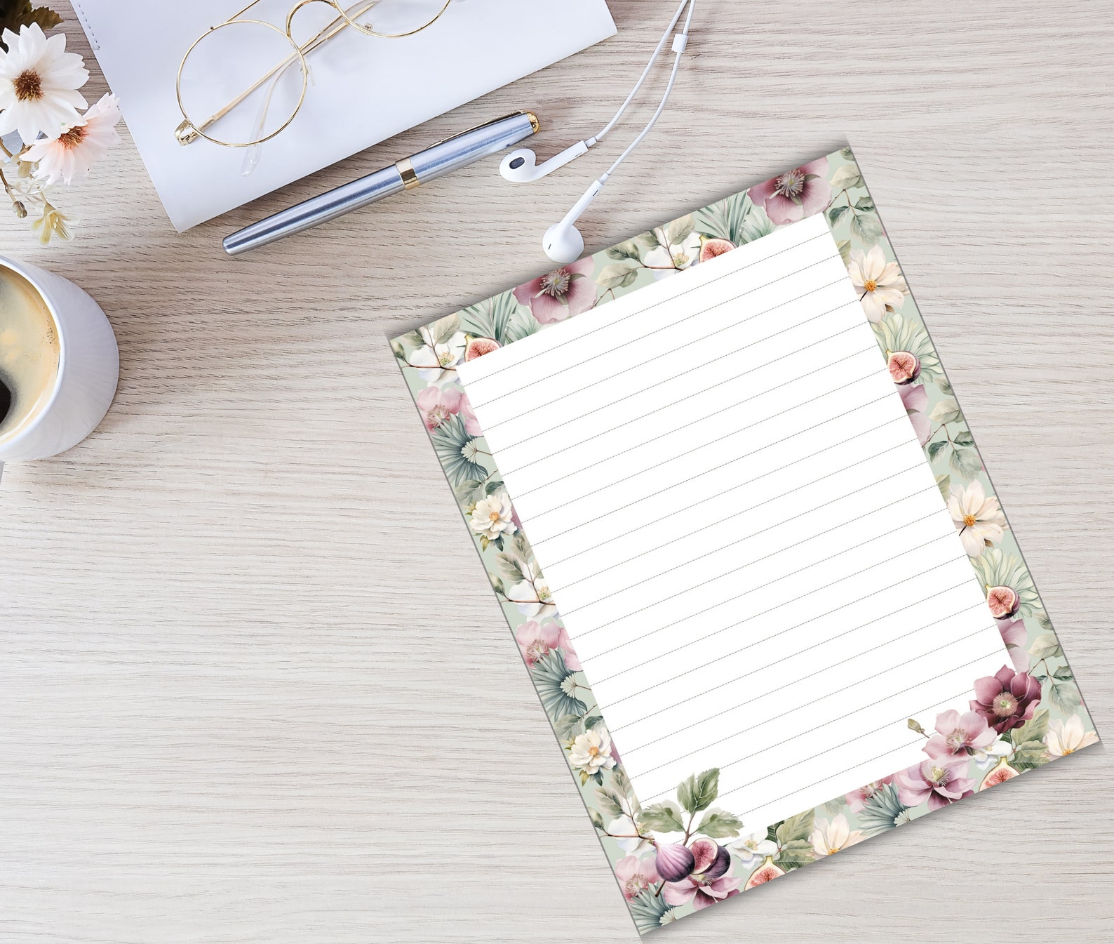 Flowers and Fig Fruit Writing Paper Set Unlined Lined A4/A5/US Letter ...