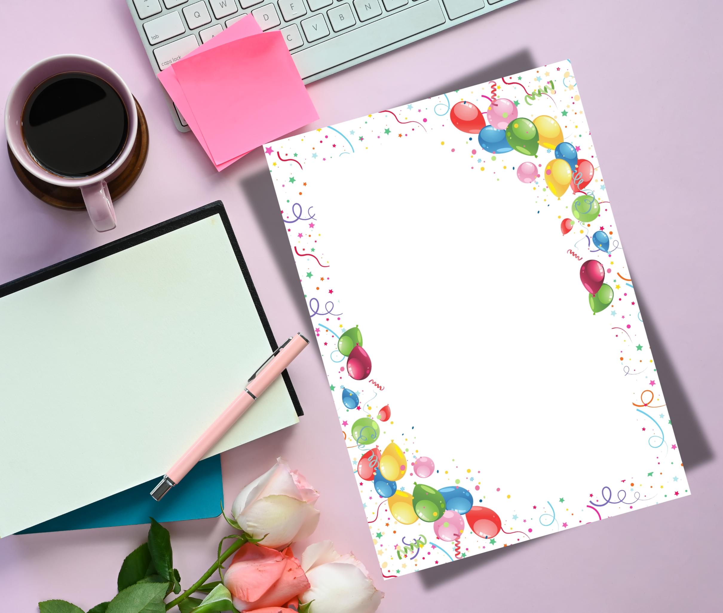Colorful Balloons Printable Stationary-birthday Writing Paper Unlined ...
