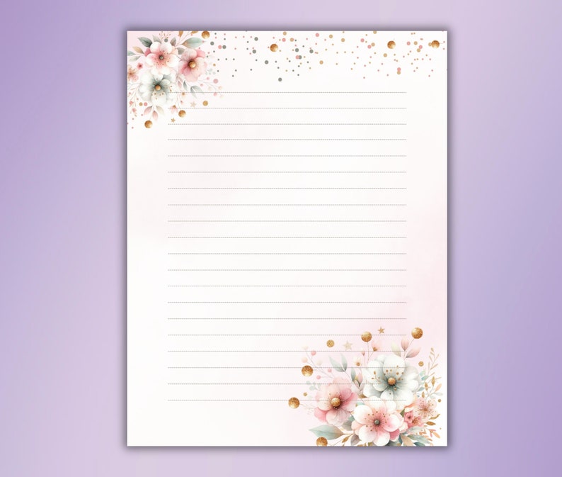 Watercolor Pink Flower Printable Sataionery-flower Stationary- Writing ...