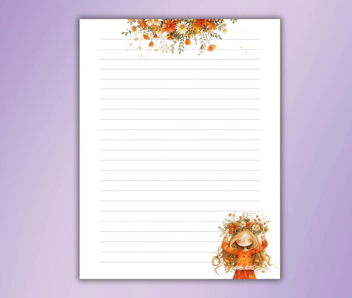 Girl With Flower Printable Stationery-cure Girl Writing Paper Set ...