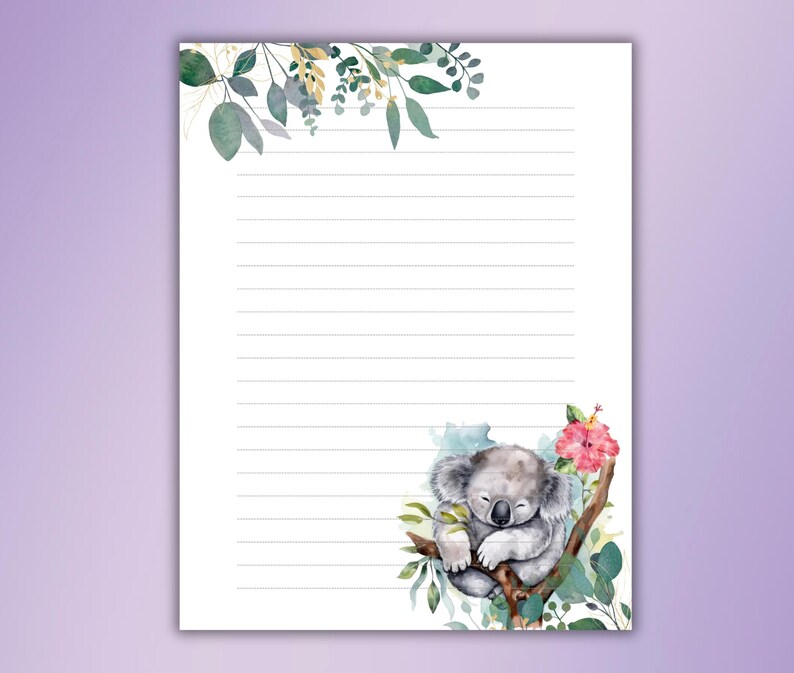 Koala Printable Stationery-cute Animal Writing Paper Set-kids ...