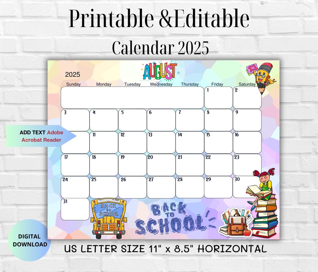 August 2025 EDITABLE Printable Calendar-back to School Calendar ...