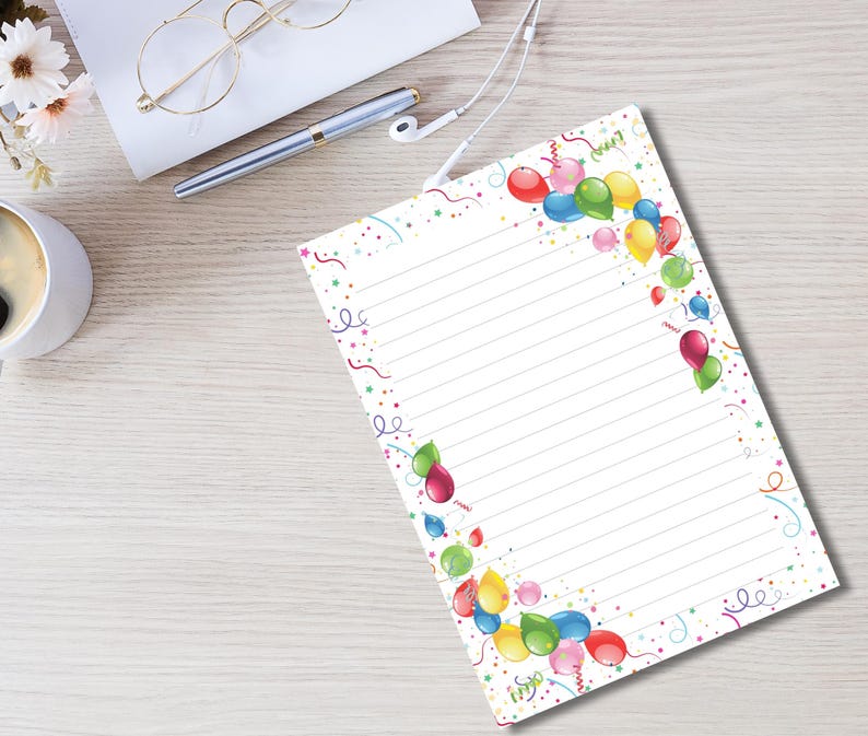 Colorful Balloons Printable Stationary-birthday Writing Paper Unlined ...