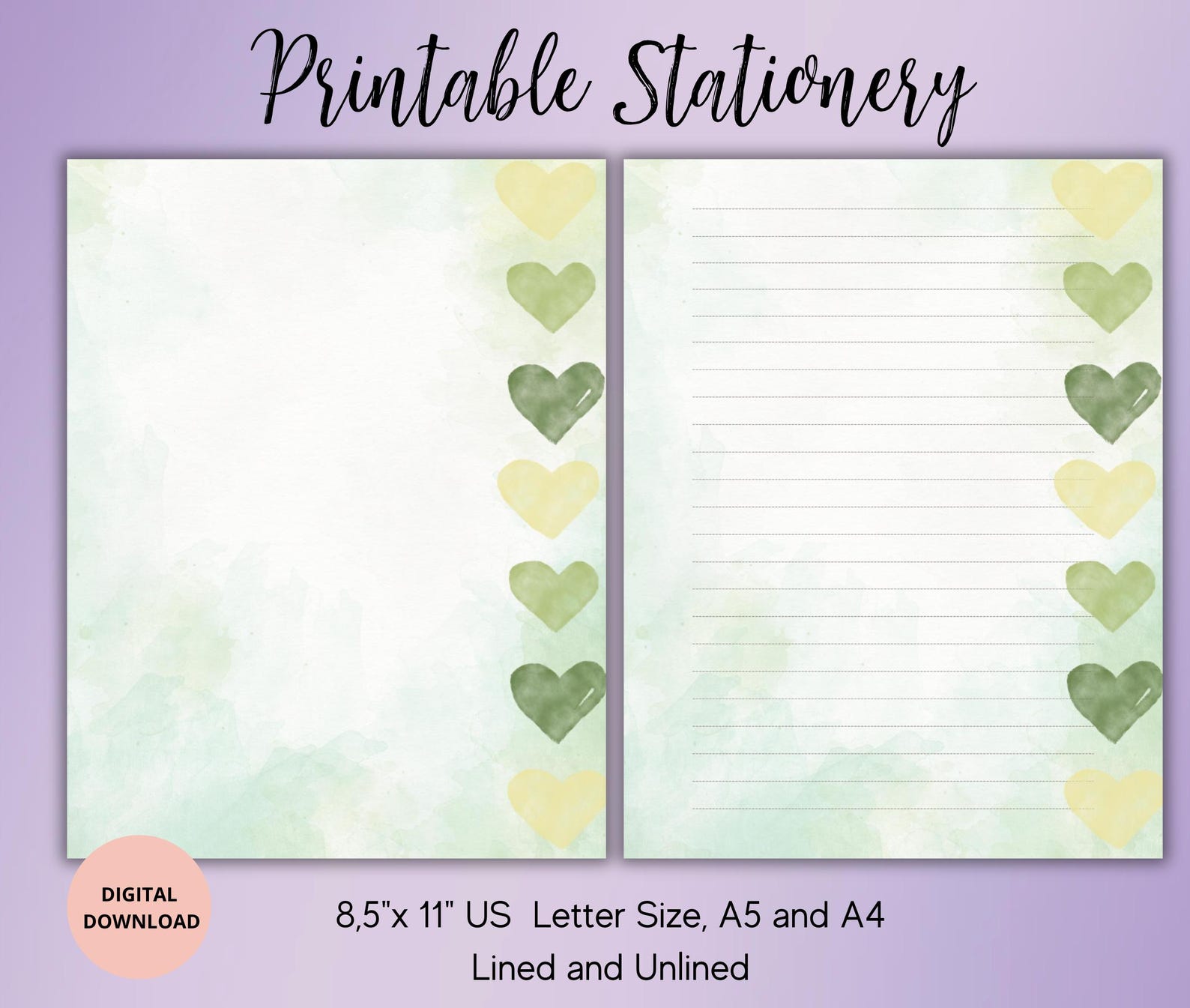 Heart Printable Stationery,watercolor Stationary,digital Download ...