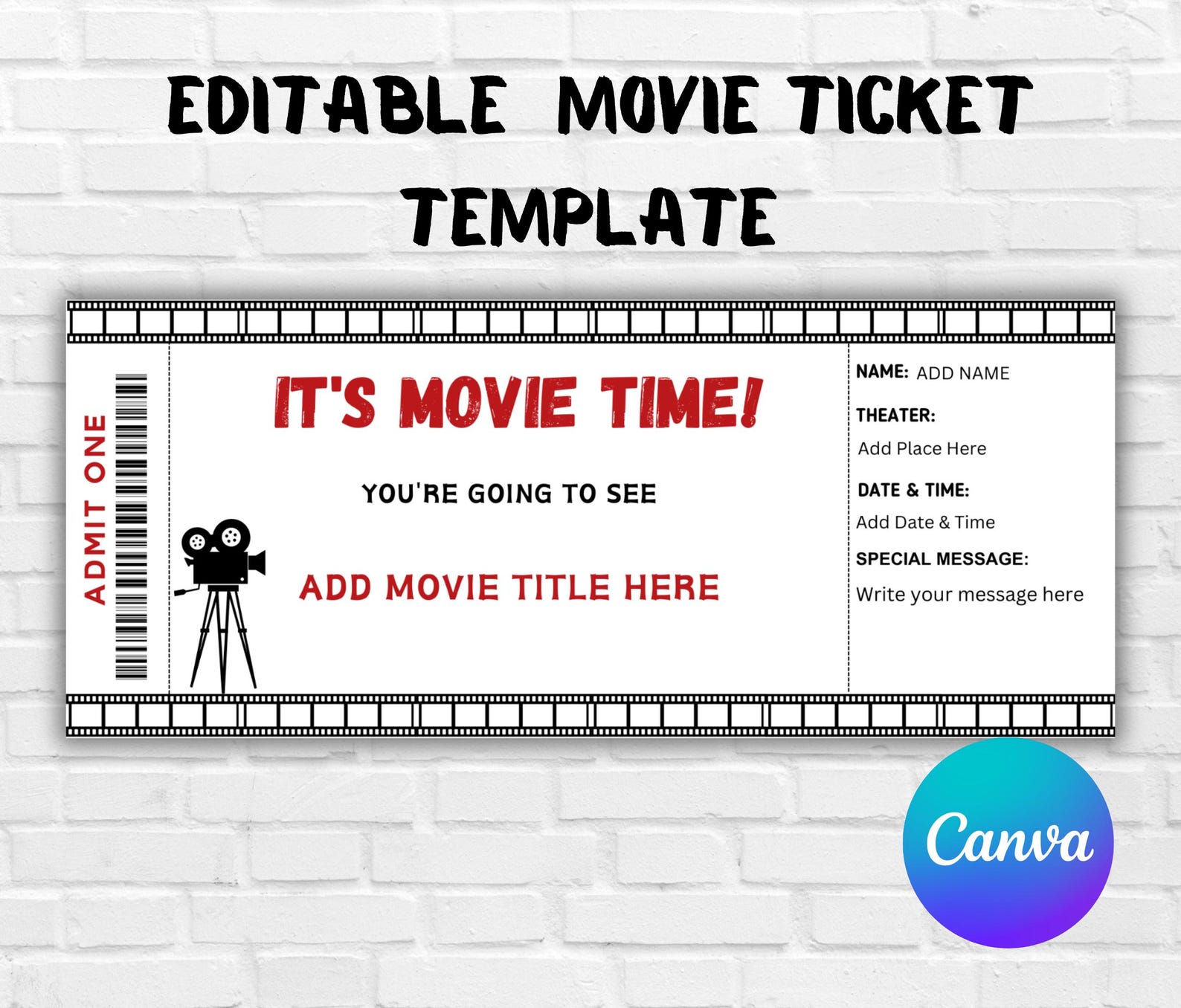 Movie Night Editable Ticket-editable Movie Voucher-custom Movie Ticket ...