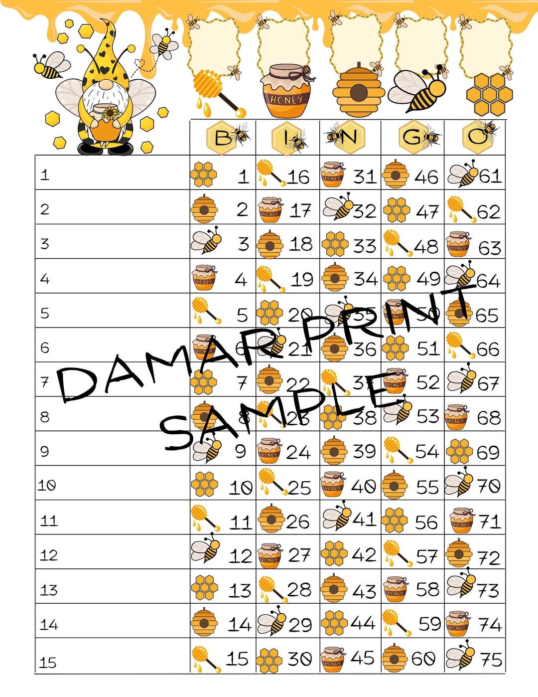 Honey Bee Bingo Boards - Instant Download -printable Bingo Boards ...