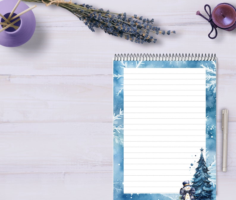 Blue Winter Printable Stationery-christmas Tree Snowman Writing Paper ...