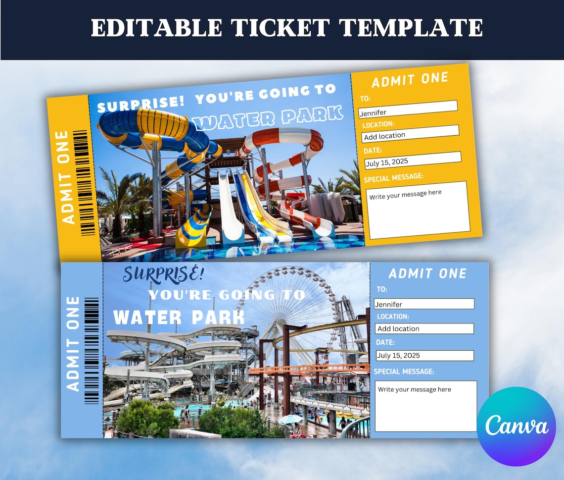 Editable Water Park Surprise Ticket-water Park Gift Certificate ...
