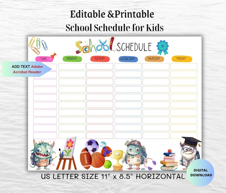 Editable Printable School Schedule for Kids-school Supplies Theme-kids ...