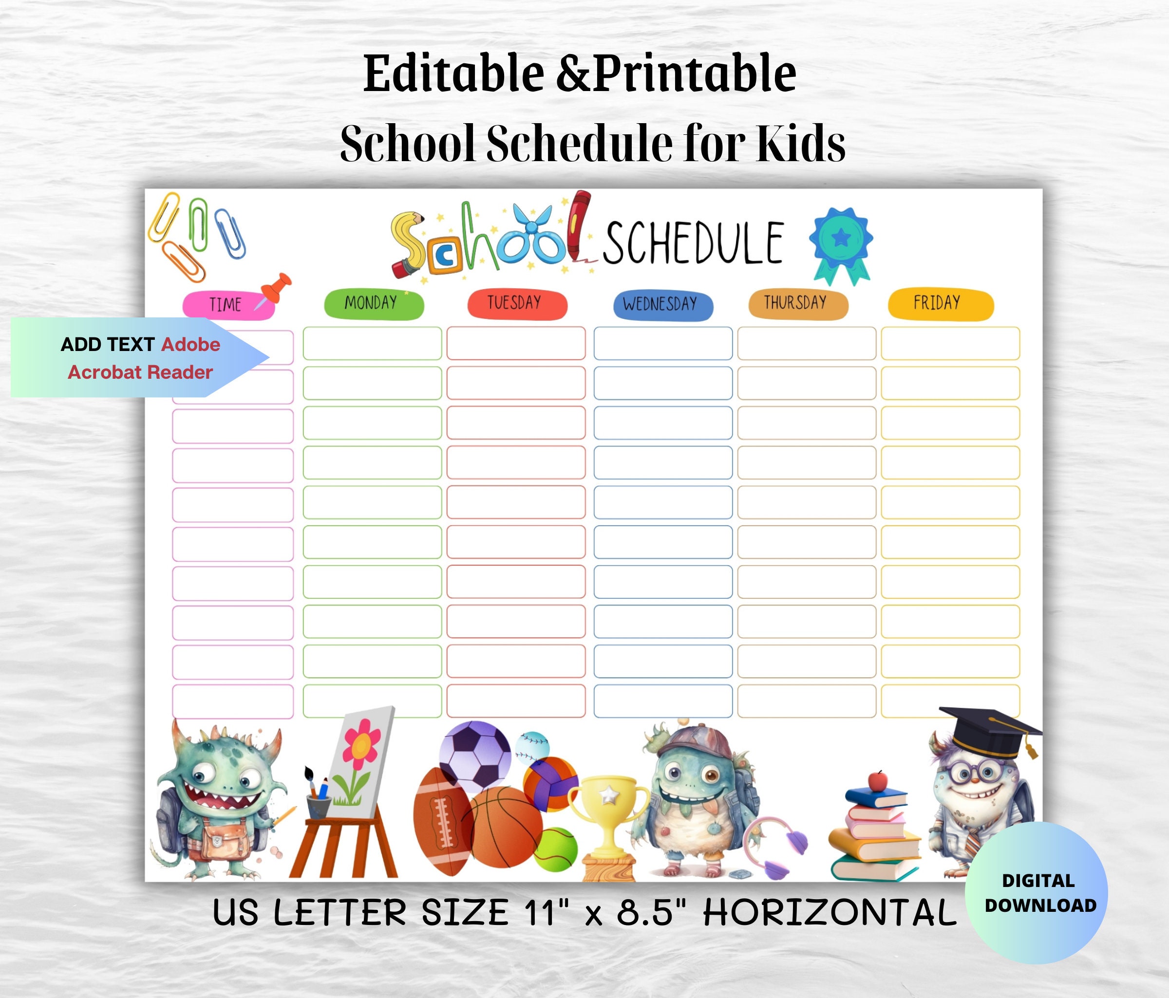 Editable Printable School Schedule for Kids-school Supplies Theme-kids ...